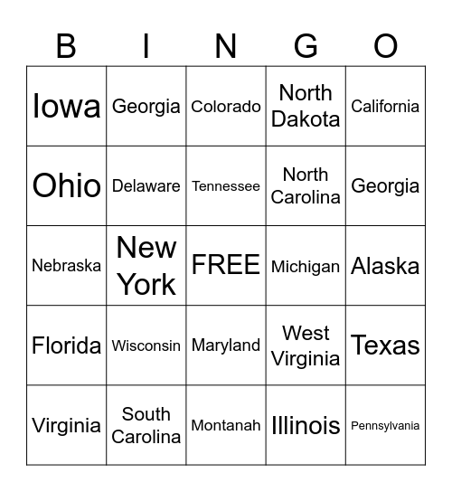 License Plate Bingo Card