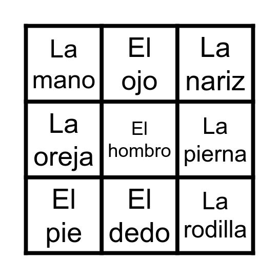 Las partes del cuerpo Bingo Card