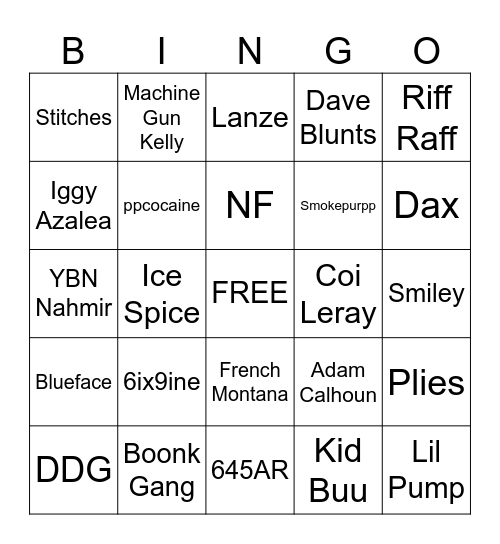 Bad Rapper Bingo Card