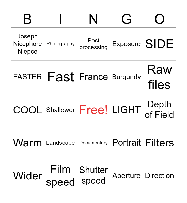 Photo Imaging and Post Processing Bingo Card
