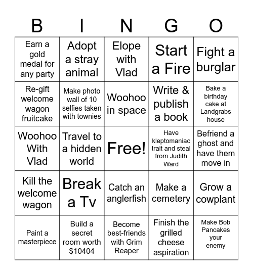 The sims 4 Bingo Card