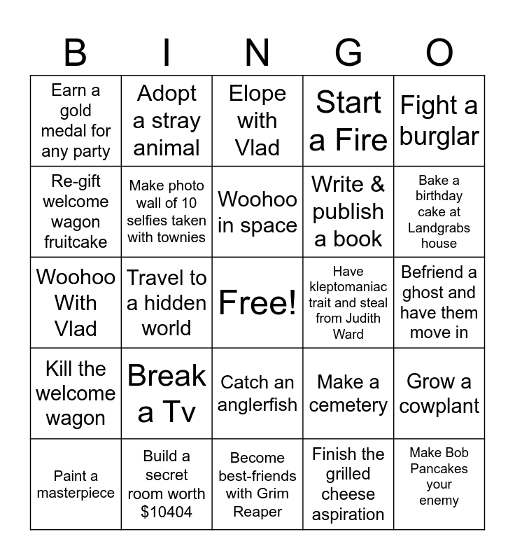 The sims 4 Bingo Card