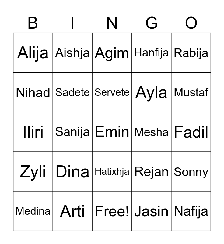 Names Bingo Card