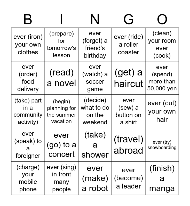 Have you ever Bingo Card
