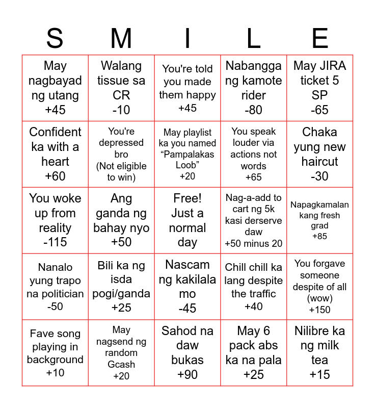 Happiness Tracker Bingo Card