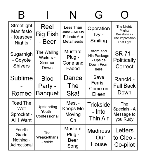 Obscure Ska/alt Rock Music Bingo Card