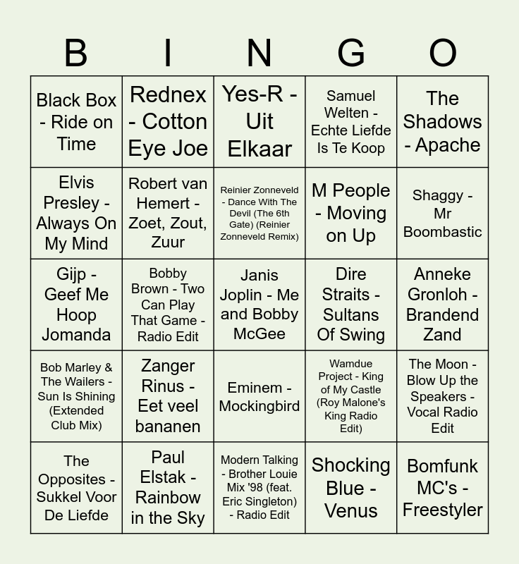 Bejo Music Bingo Card