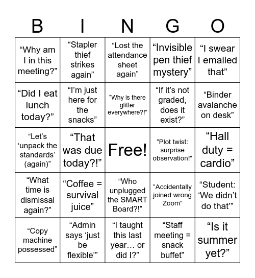 “Teacher PD Bingo: Because Laughter Is Required” Bingo Card