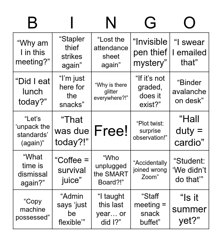 “Teacher PD Bingo: Because Laughter Is Required” Bingo Card