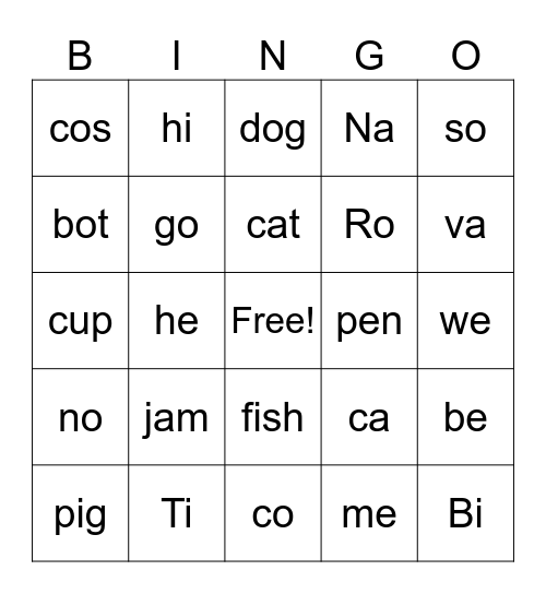 Syllable Bingo Card