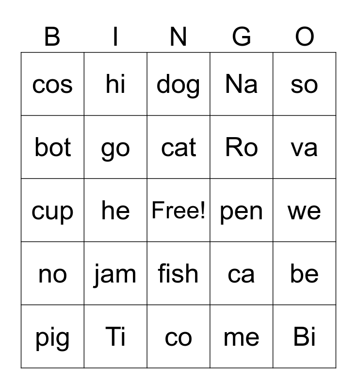 Syllable Bingo Card