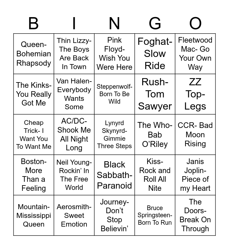Radio Bingo Classic Rock Bingo Card