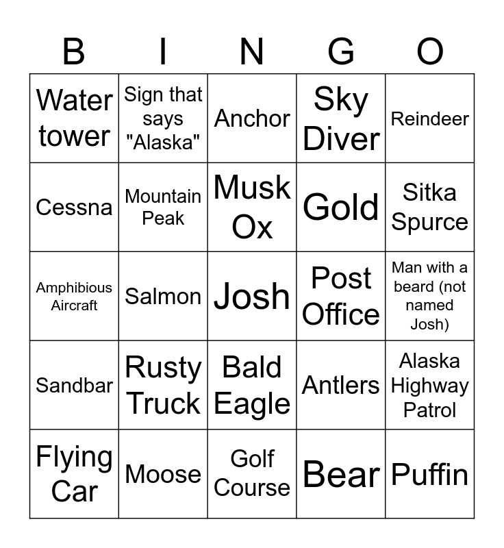 Alaska Bingo Card