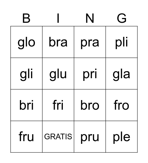 Silabas trabadas Bingo Card