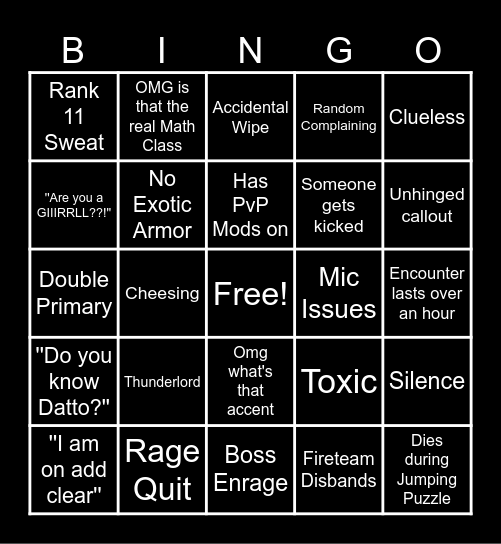 Fireteam Finder Raid Bingo Card