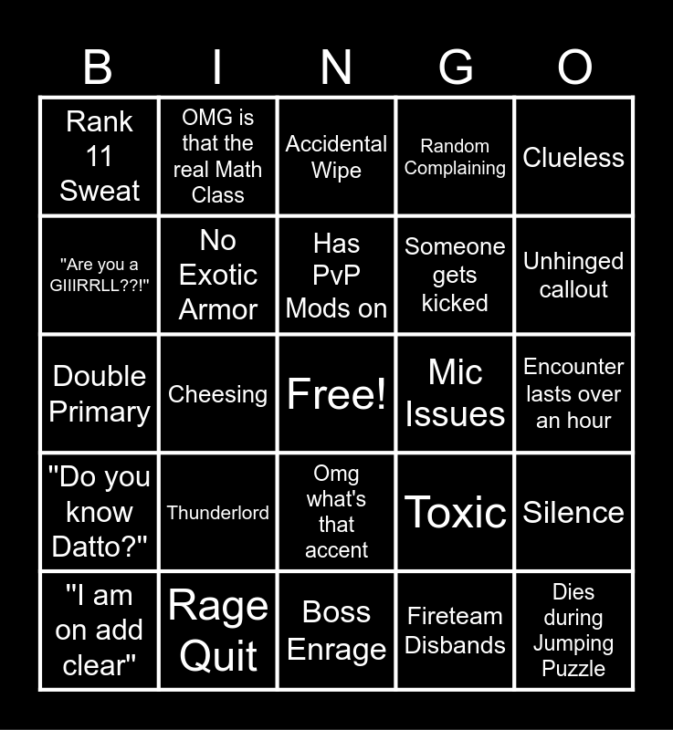 Fireteam Finder Raid Bingo Card