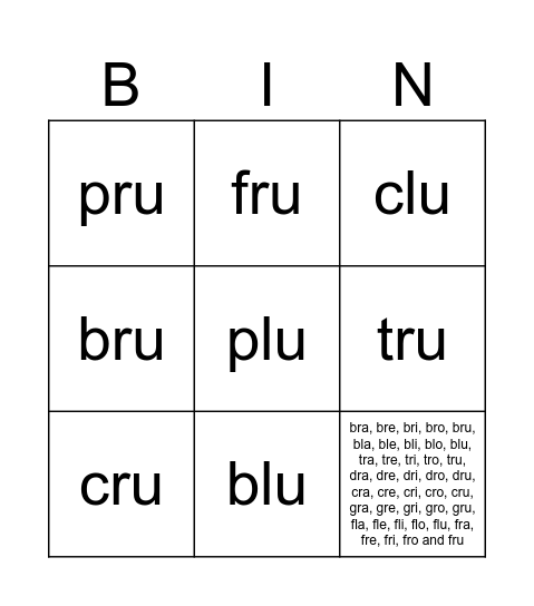 Silabas trabadas con "u" Bingo Card