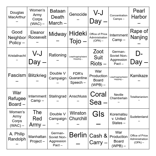 World War II Vocabulary Bingo Card
