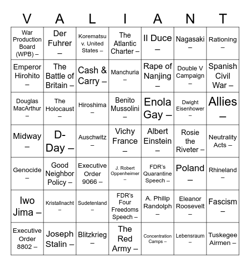 World War II Vocabulary Bingo Card