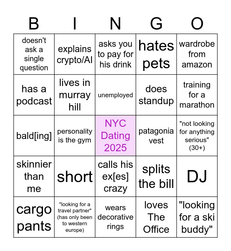 Dating in NYC Bingo Card