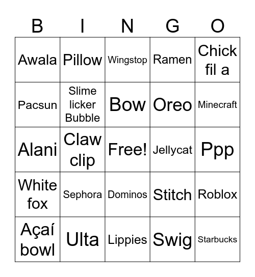 Preppy items Bingo Card