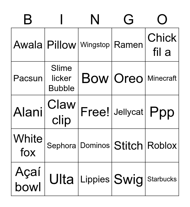 Preppy items Bingo Card