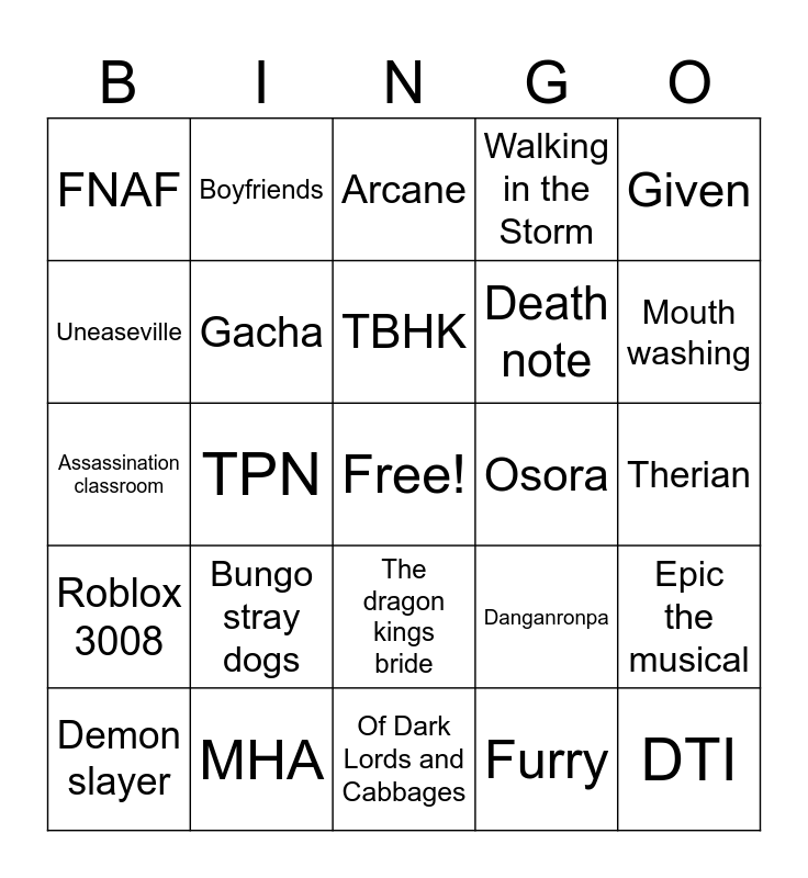 Fandom bingo Card