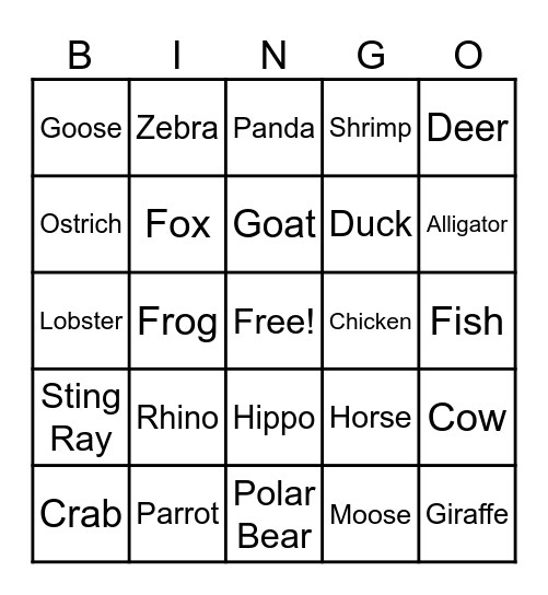 Animal Bingo Card