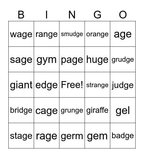 Soft G Bingo Card
