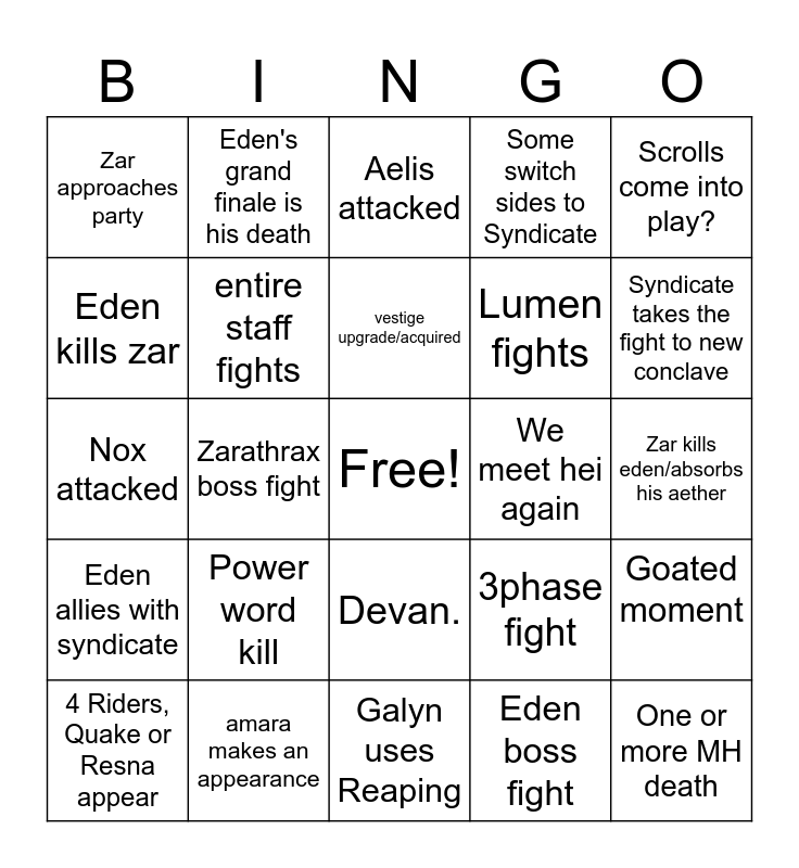 Level 20 Arc Bingo Card