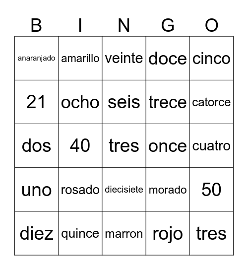 Los colores y los números Bingo Card
