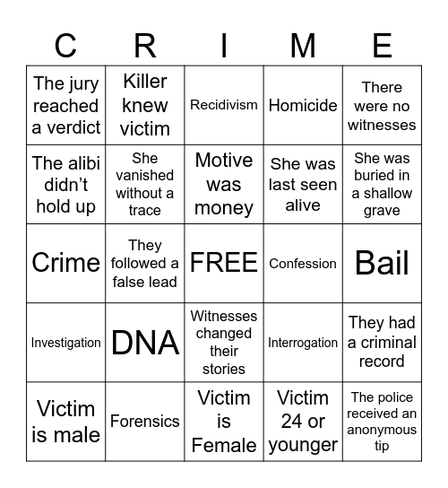 True Crime Bingo Card