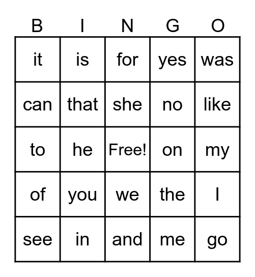 Sight Word BINGO Card
