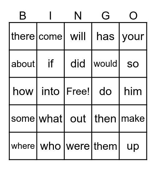 Sight Word BINGO Card