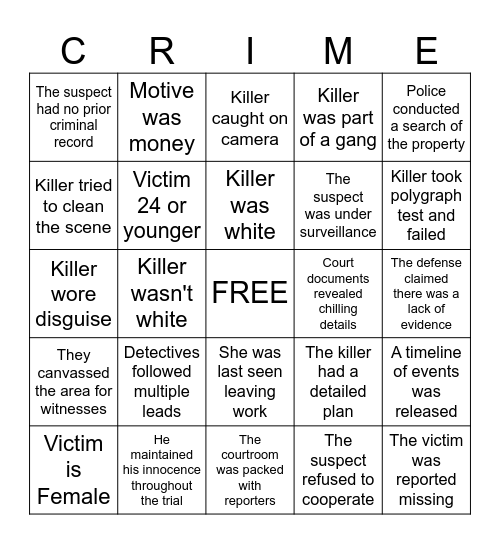 True Crime Bingo Card