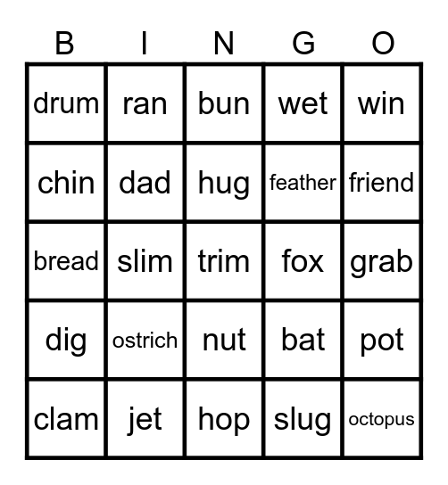 Short Vowel Words Bingo Card