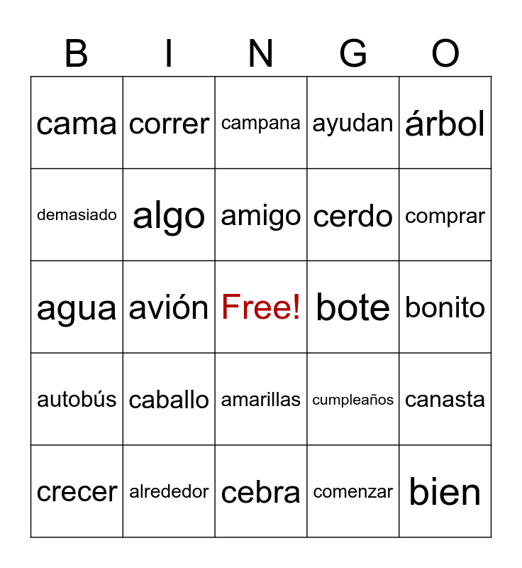 Endless Spanish Words (a-d) Bingo Card