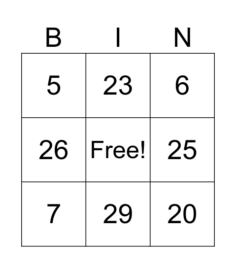 NUMBERS 1-30 Bingo Card