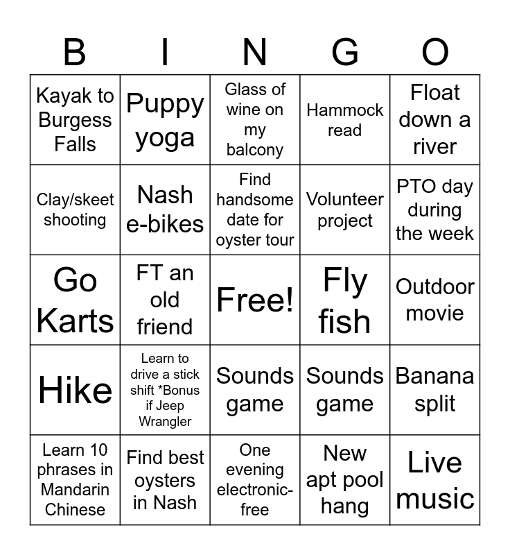 Summer Bucket List Bingo Card
