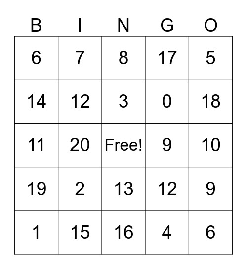 Number bonds to 20 Bingo Card