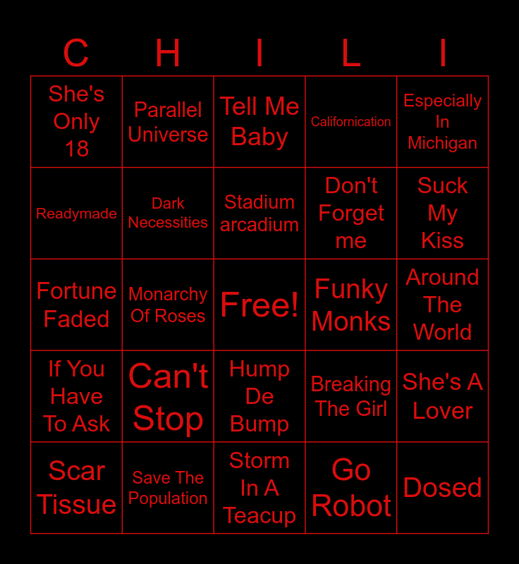 Red Hot Chili Peppers Bingo Card