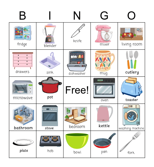 Kitchen Utensils + Rooms Bingo Card