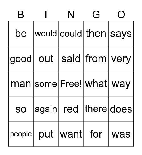 Site Words Bingo Card