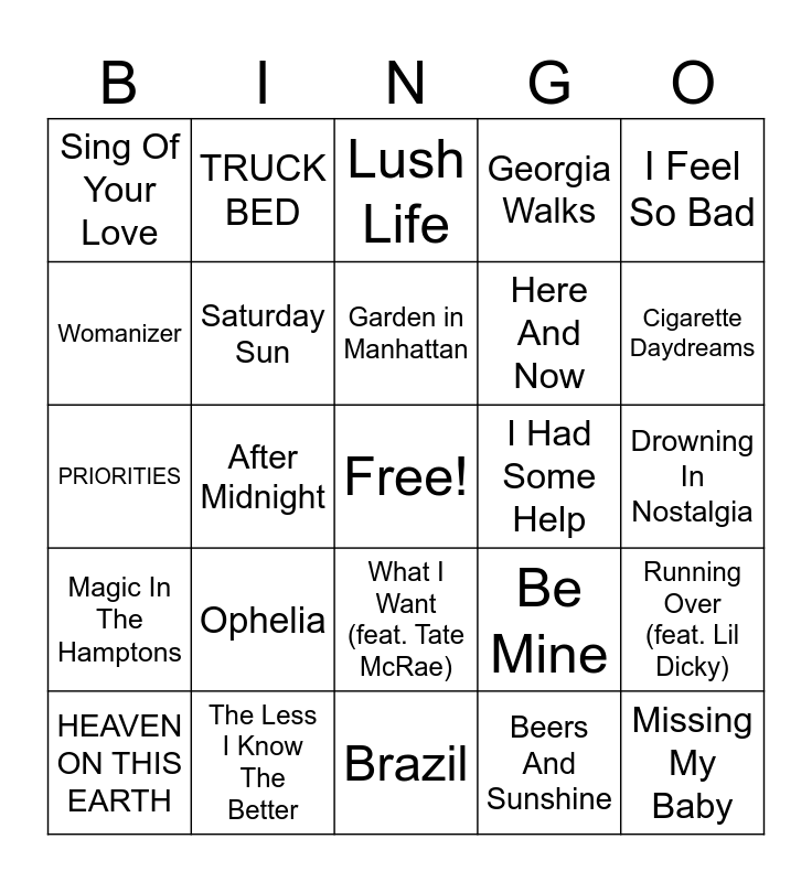 Natalie's Favorite Songs Bingo Card
