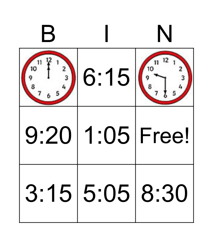Telling Time Bingo Card
