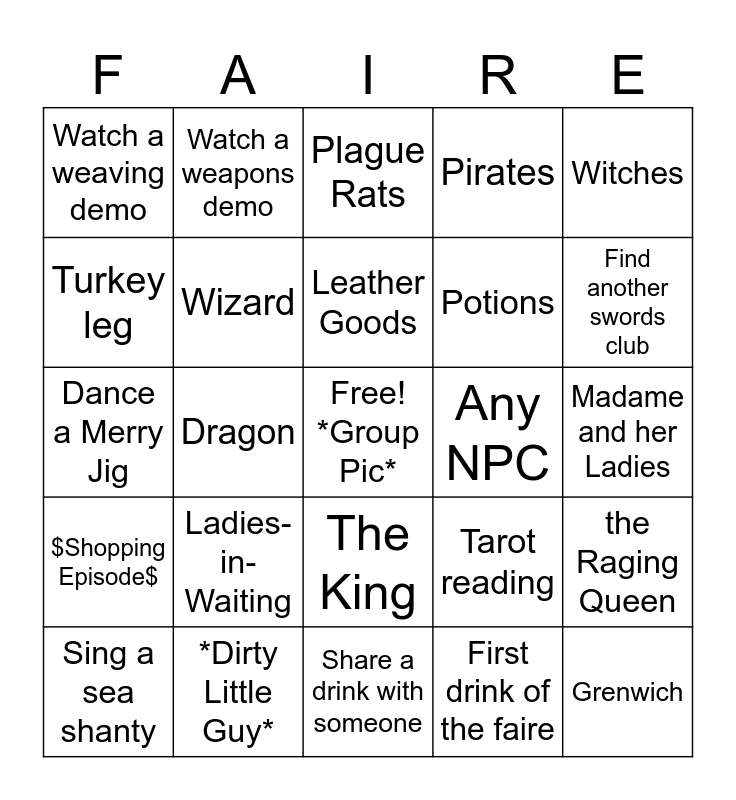 Renaissance Faire Bingo Card