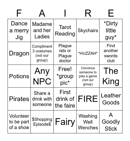 Renaissance Faire Bingo Card