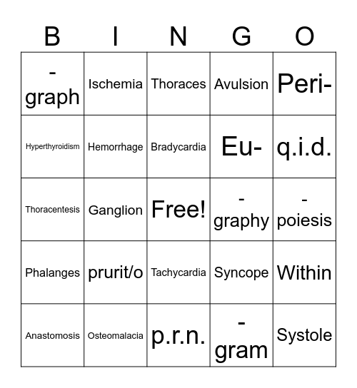 Medical Terminology Final Exam Review Bingo Card