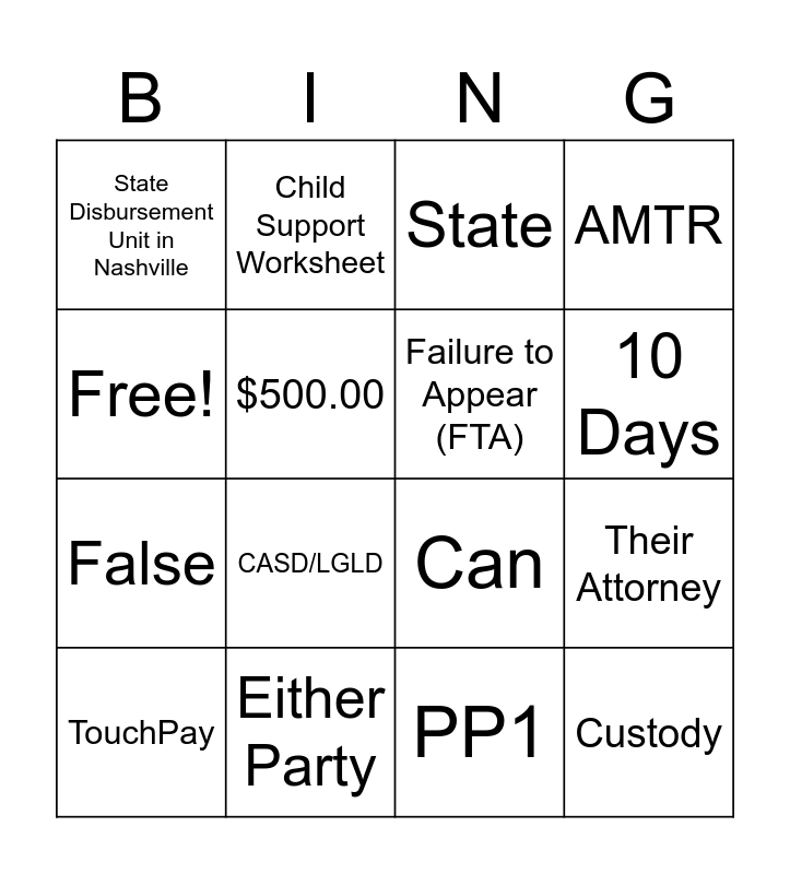 Child Support Bingo Card