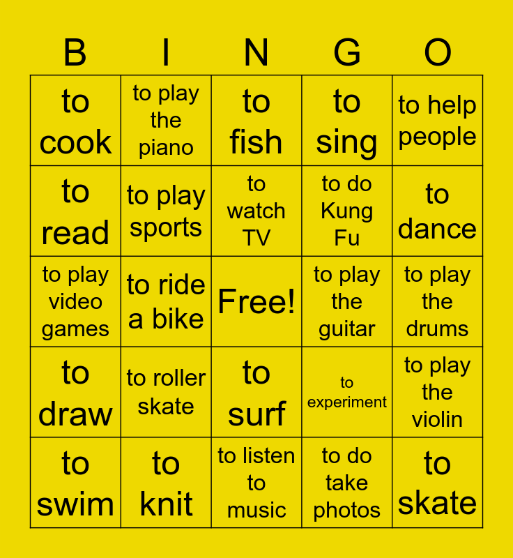 Hobbies Bingo Card